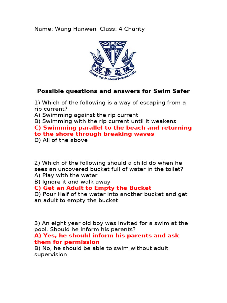 Possible Questions and Answers For Swim Safer | PDF