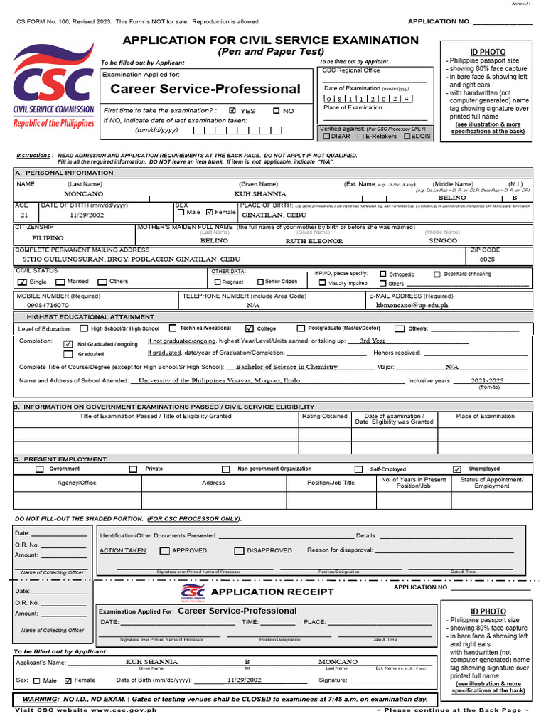 Moncano CSC Form | PDF