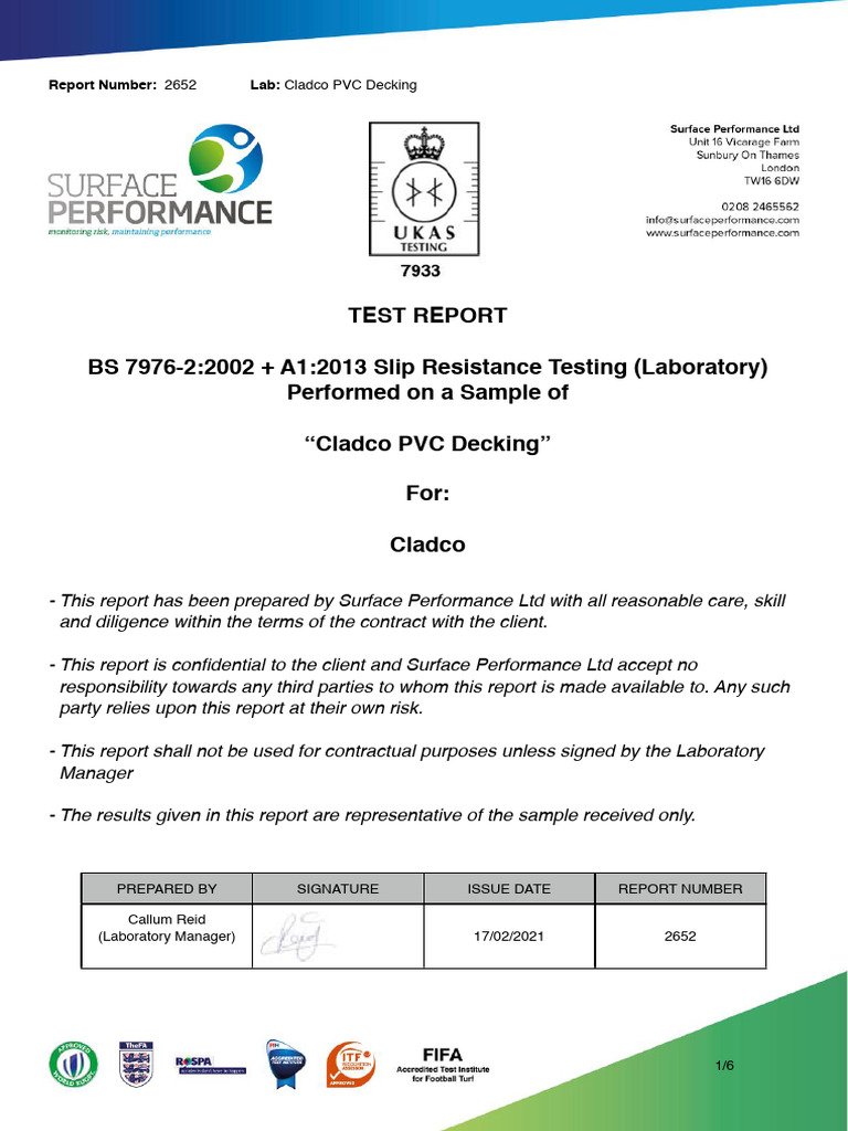 2652 Cladco PVC Decking Slip Test | PDF | Laboratories