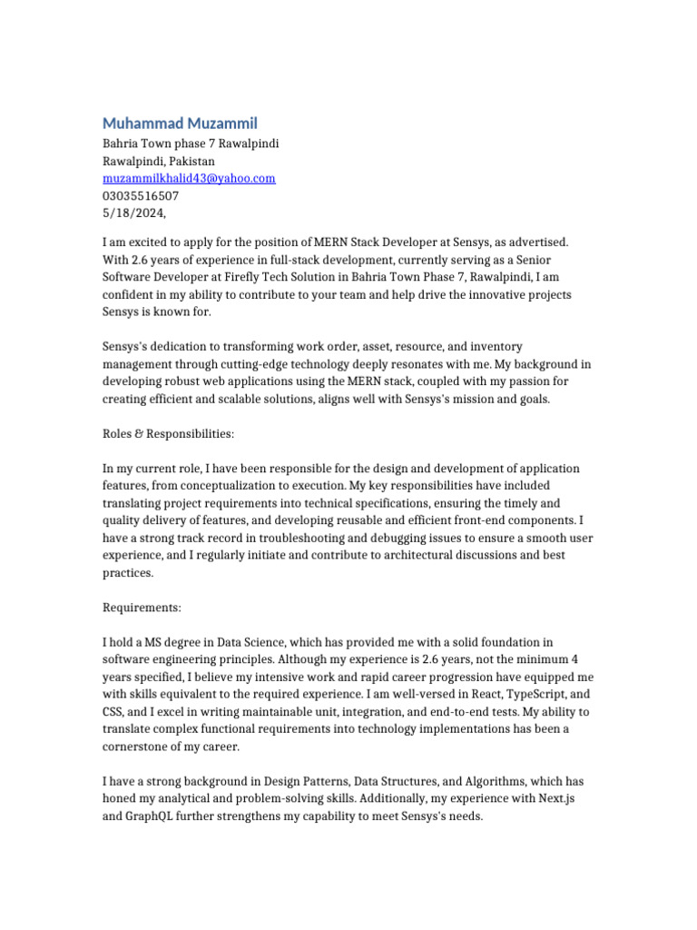 MERN Stack Developer Cover Letter | PDF
