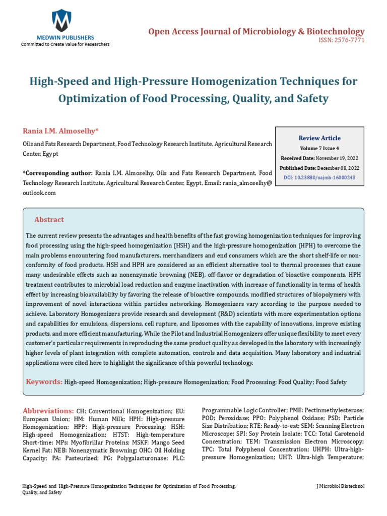 High Speed and High Pressure Homogenization Techniques For Optimization ...