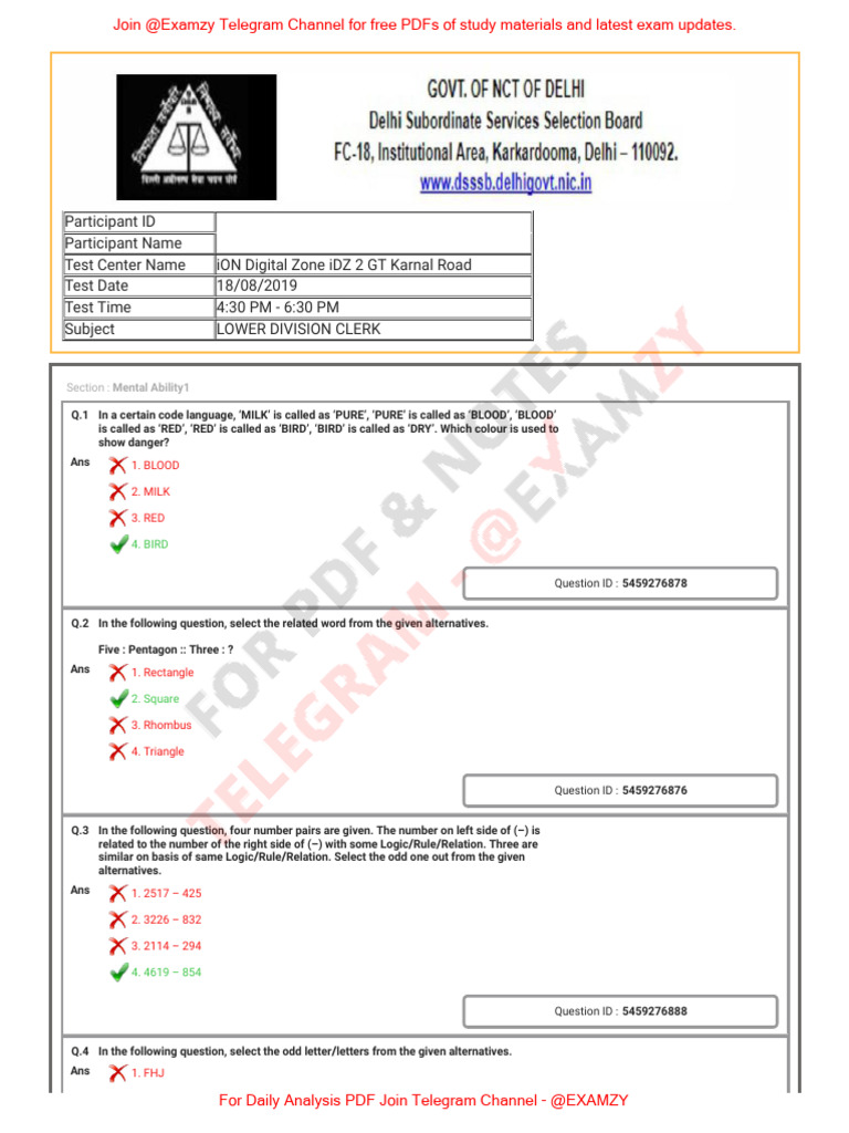DSSSB LDC Question Paper 5 (Set) August 2019 by Examzy | PDF
