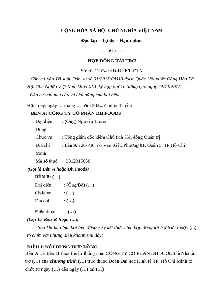 DHF-Hop dong tai tro (Mẫu) | PDF