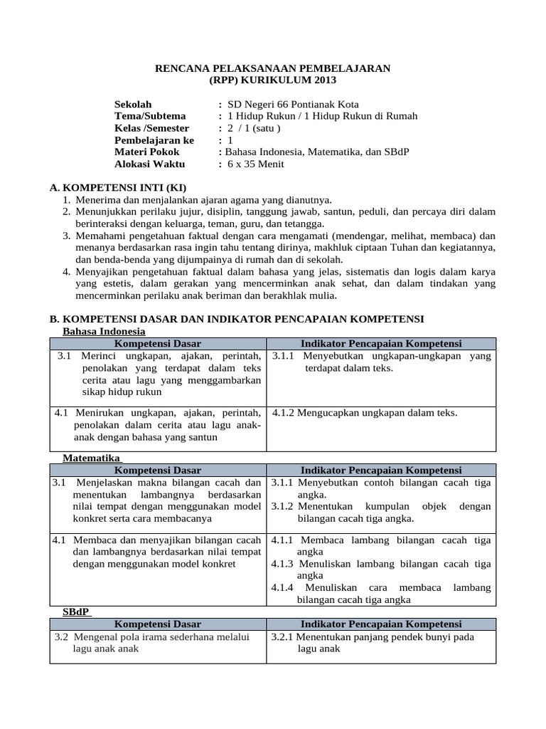 RPP Kelas 2 Tema 1 Sub Tema 1 PB 1 | PDF