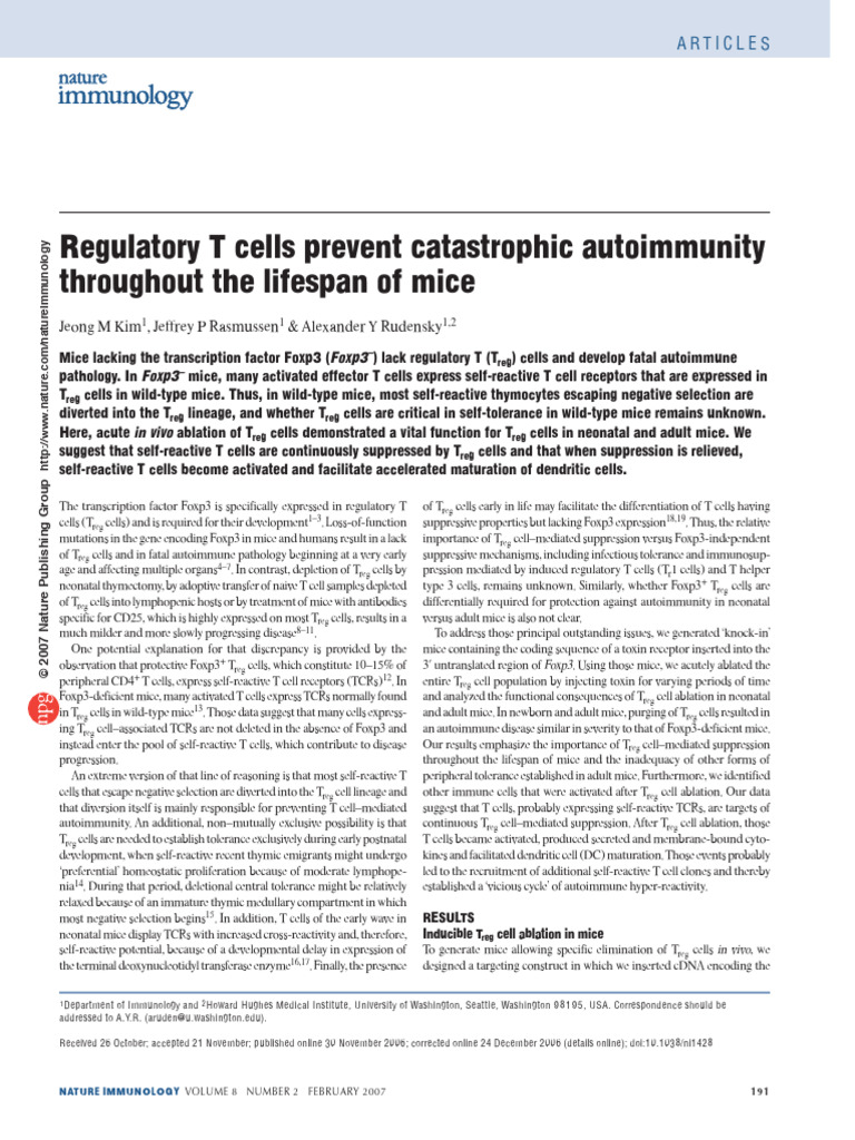 Kim 2007 Nat Immunol Regulatory T Cells Prevent Catastrophic Autoimmunity Throughout The ...