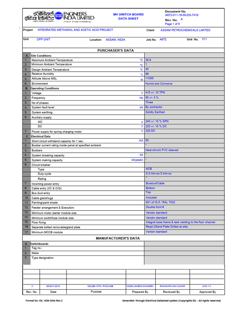 MV Switchboard Data Sheet for CPP Unit | PDF
