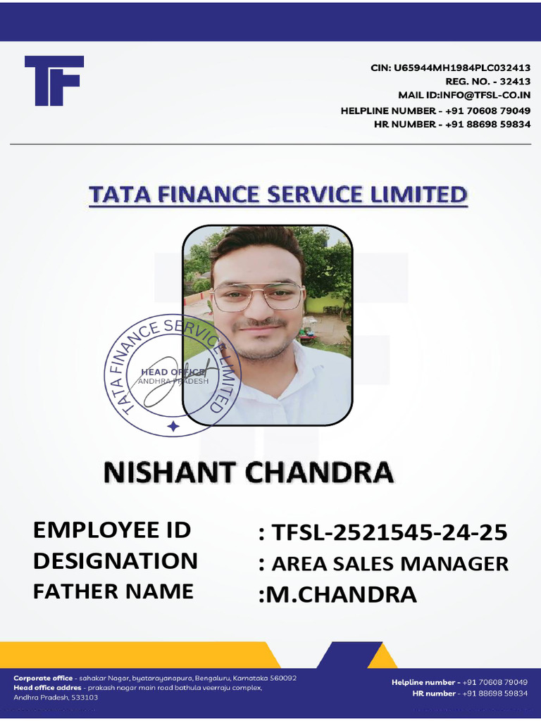 Nishant Chandra Tata Finance Service Limited TFSL Employee Id Card 2024 ...