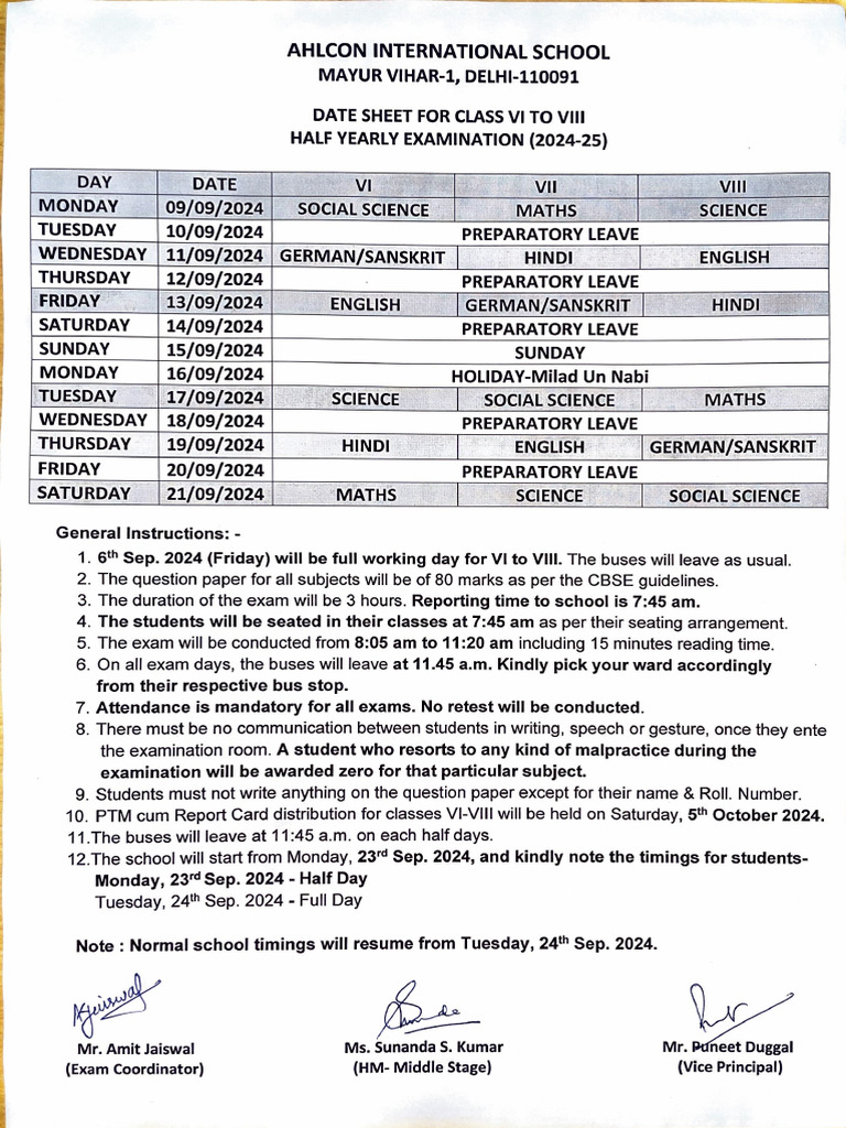 Half Yearly Exam Datesheet Vi Viii 2024 25 Pdf