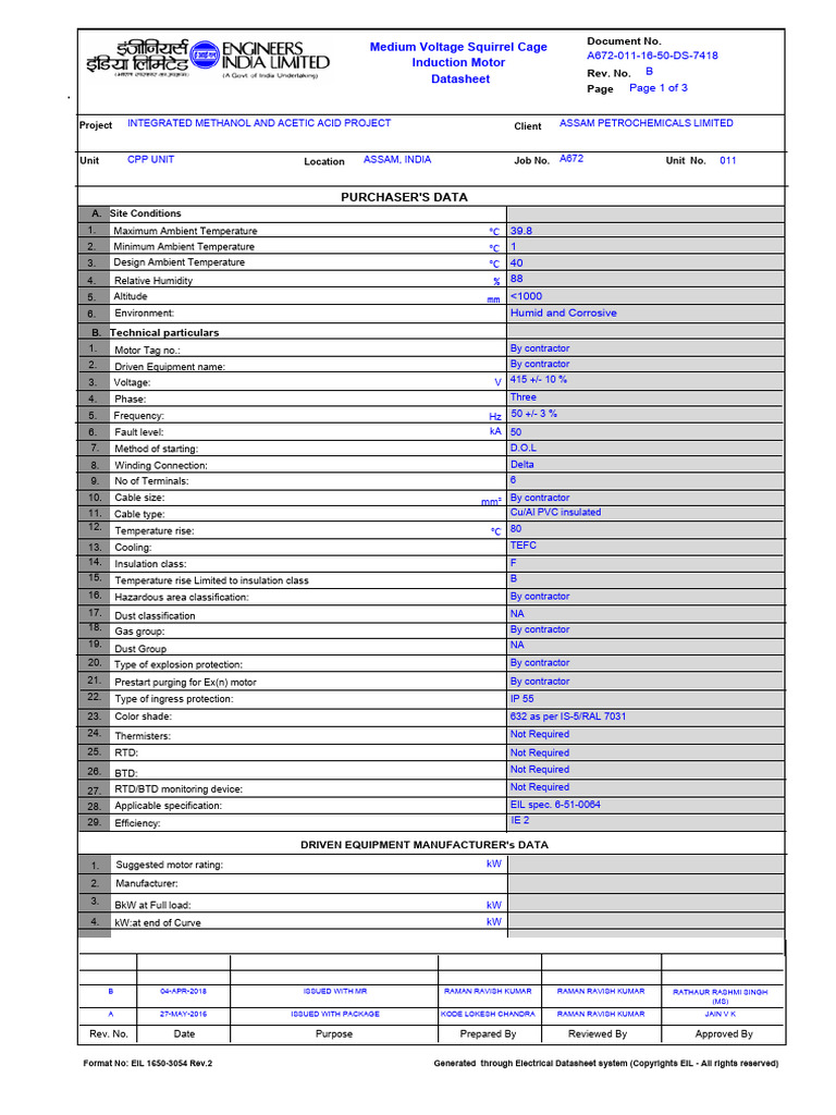 MV SQ. Cage Induction Motor Data Sheet | PDF