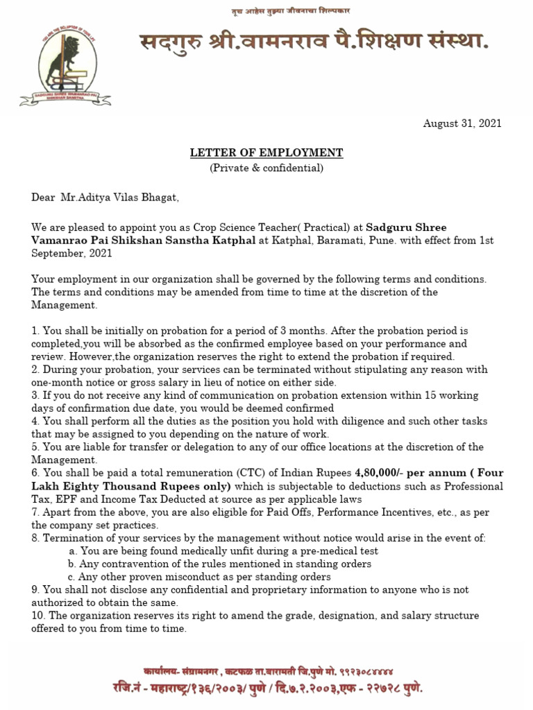 Aditya Vilas Bhagat Offer Letter | PDF