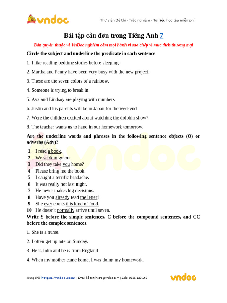 Bai Tap Cau Don Trong Tieng Anh 7 | PDF