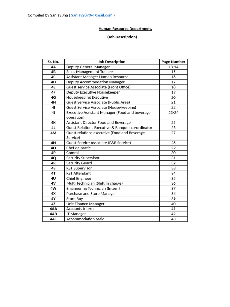 Job Description for 3 star hotel team members | PDF