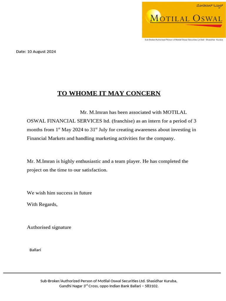 Internship Letter MOSL | PDF | Law