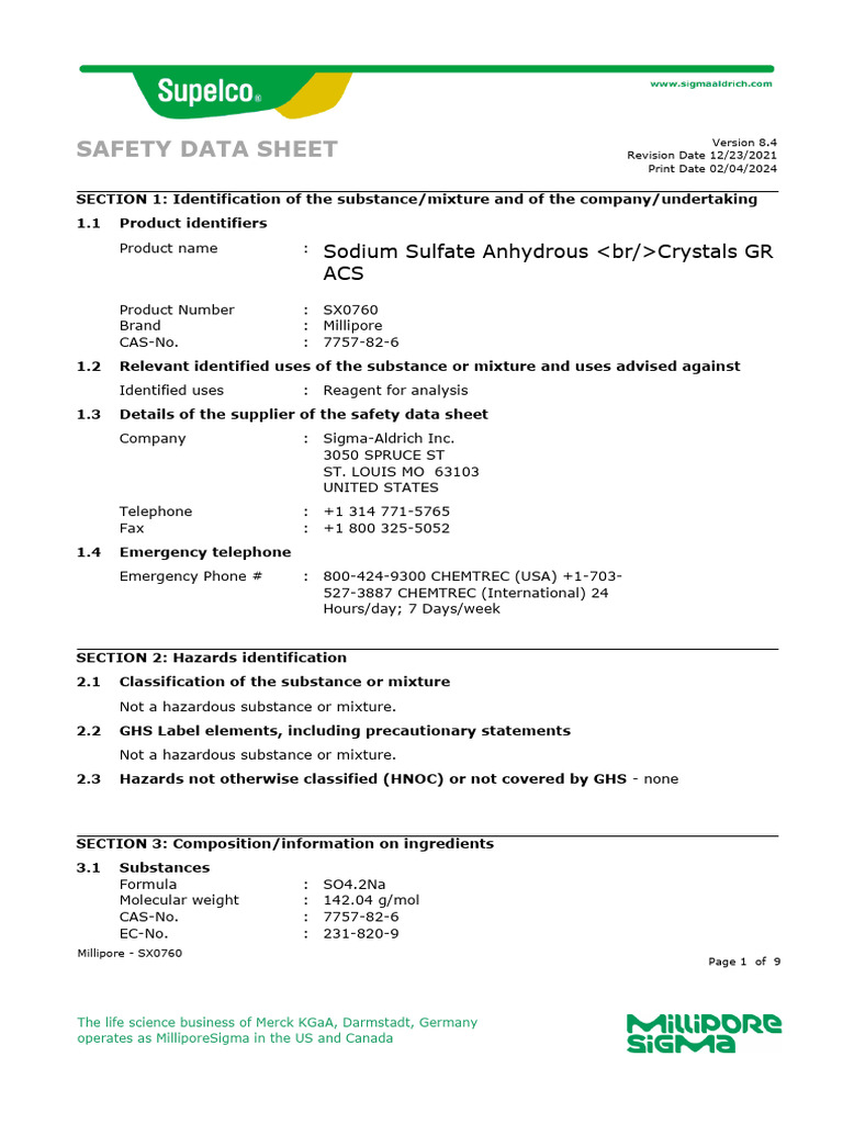 MSDS - Sodium Sulfate Anhydrous GR - Sigma | PDF