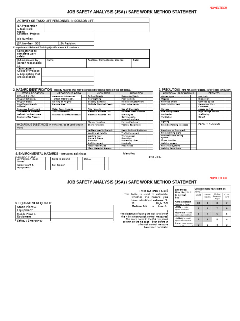 F8 HSE Format Job Safety Analysis (JSA) Safe Work Method Statement ...