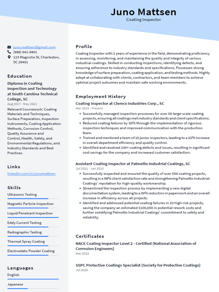Coating Inspector Resume Example | PDF