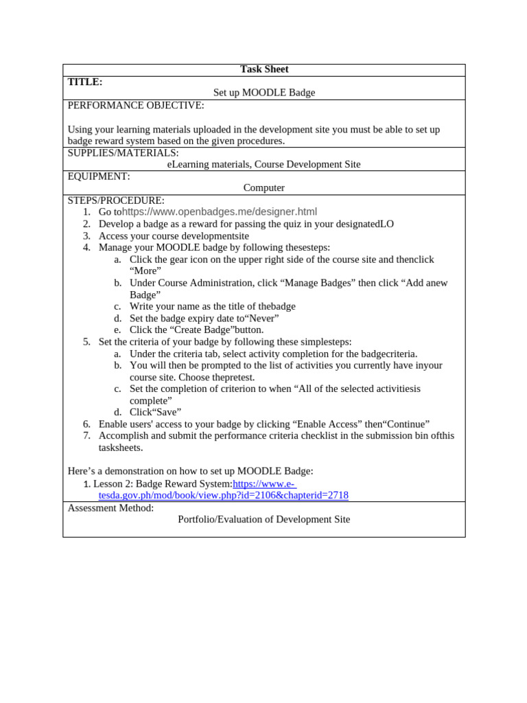 TASK SHEET MOODLE Badge | PDF