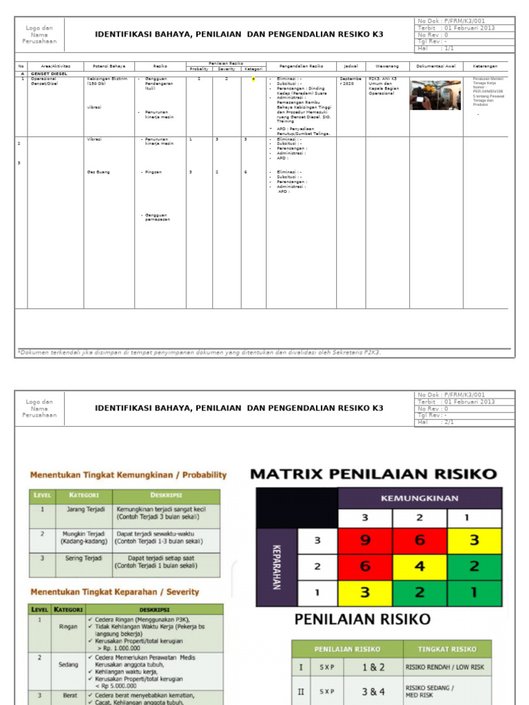 P-FRM-K3-001 Identifikasi Bahaya, Pengendalian Dan Penilaian Resiko K3 | PDF