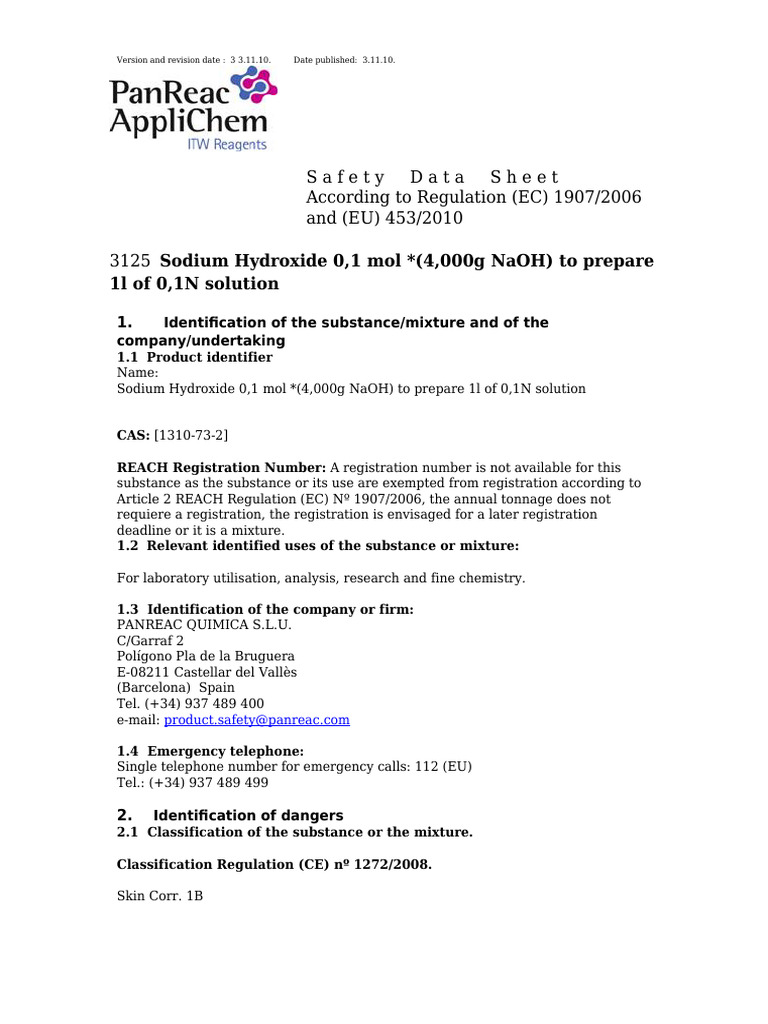 MSDS - Sodium Hydroxide 0,1 Mol - Panreac | PDF