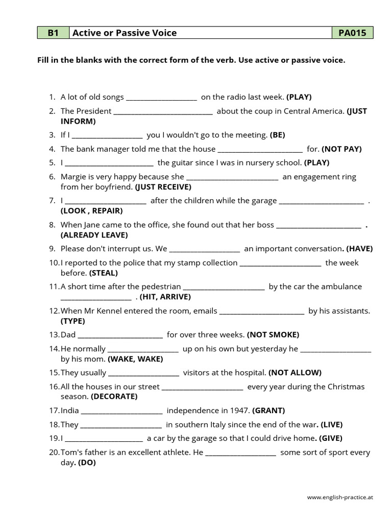 Active or Passive Voice - PDF Grammar Worksheet - B1 - PA015 | PDF