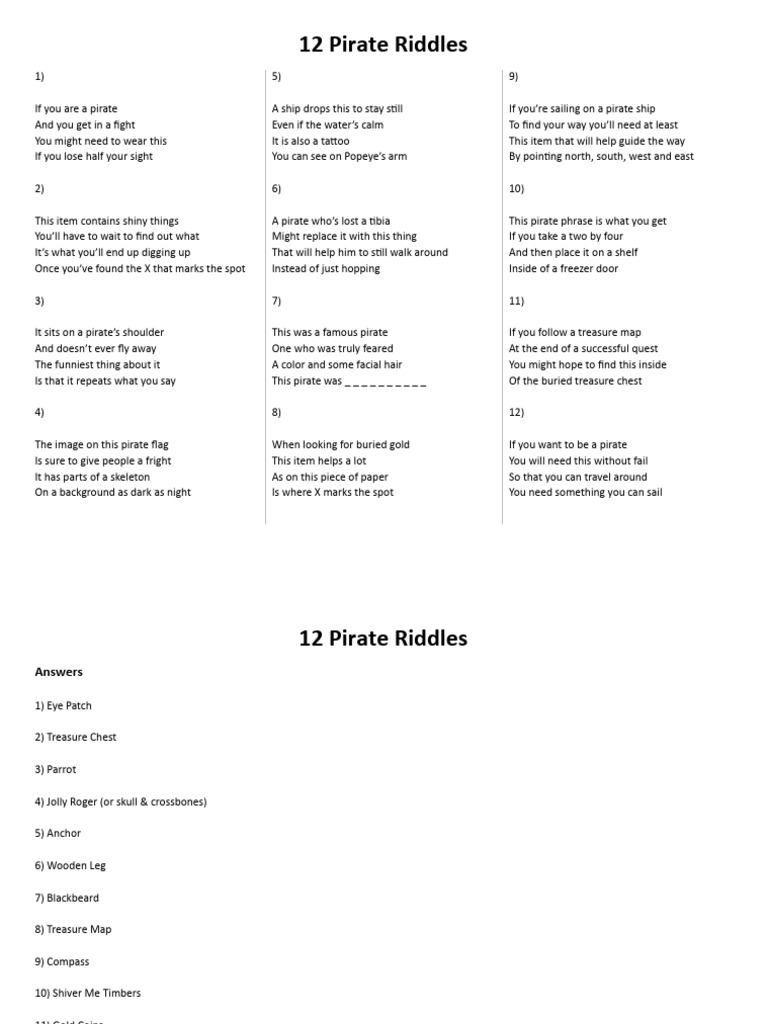 12 Pirate Riddles For Kids | PDF