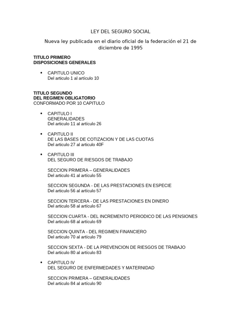 Titulos y Capitulos de La Ley Del Seguro Social | PDF