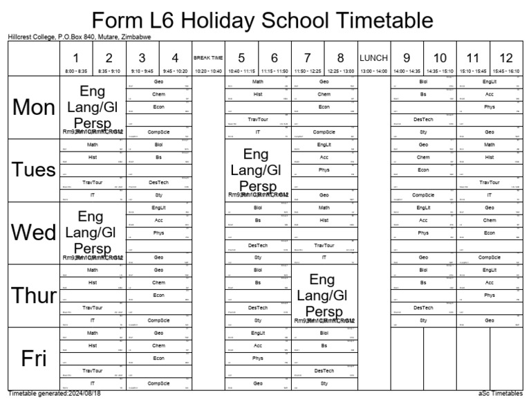 Lower 6 Holiday School Timetable | PDF