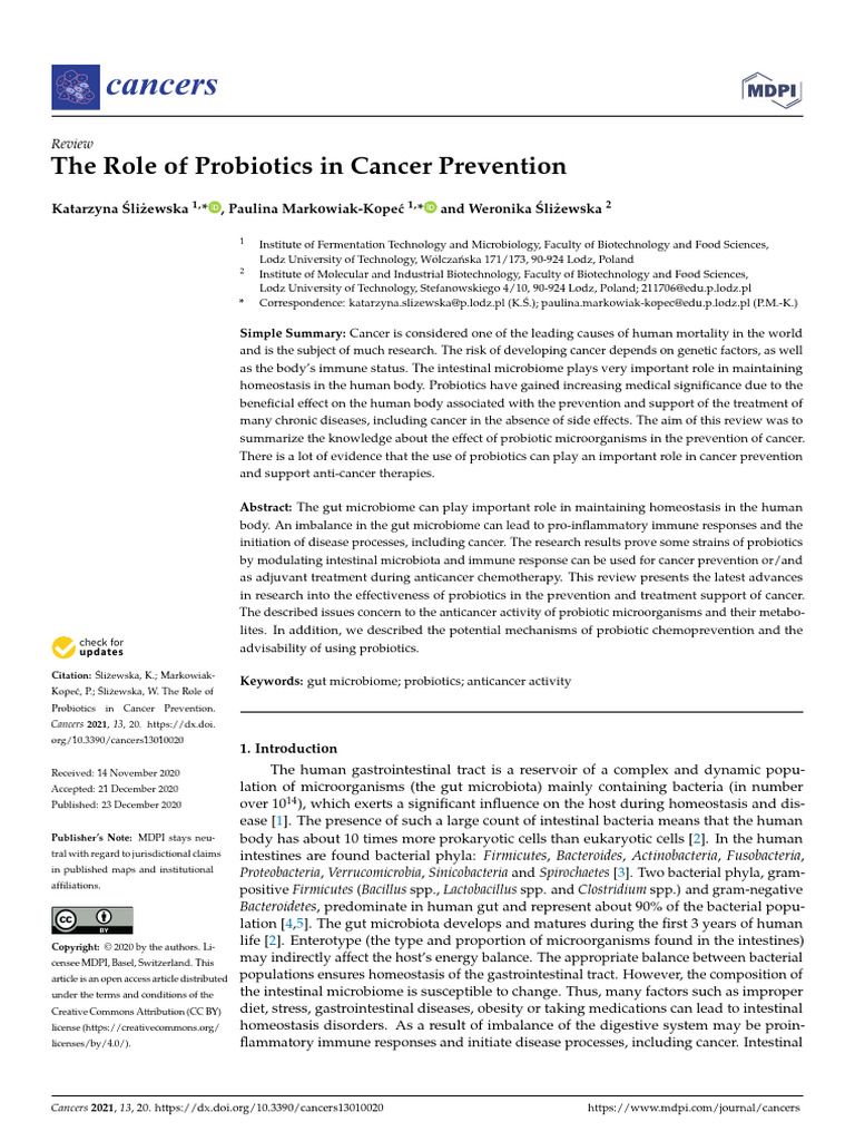 The Role of Probiotics in Cancer Prevention | PDF