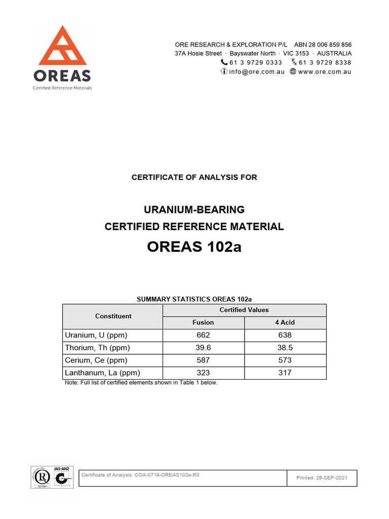 OREAS 102a Certificate | PDF