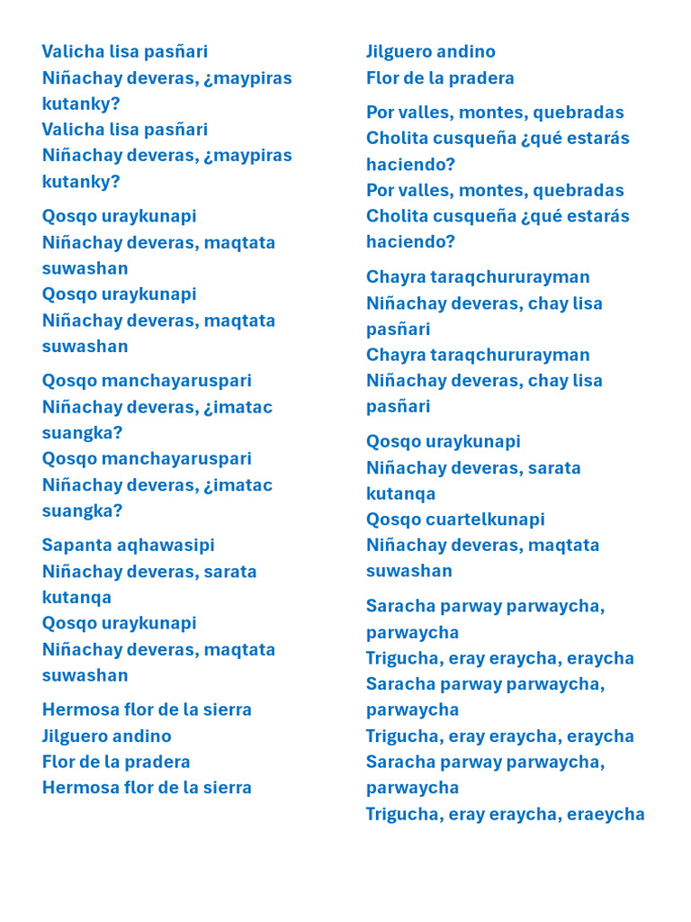 Letra en Quechua Del Compositor Wiliam Luna, Peruano. | PDF | Arte ...