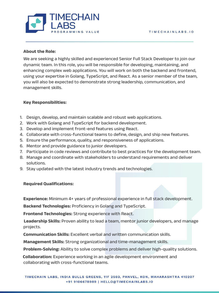 JD For Tech Lead - Full Stack Developer | PDF