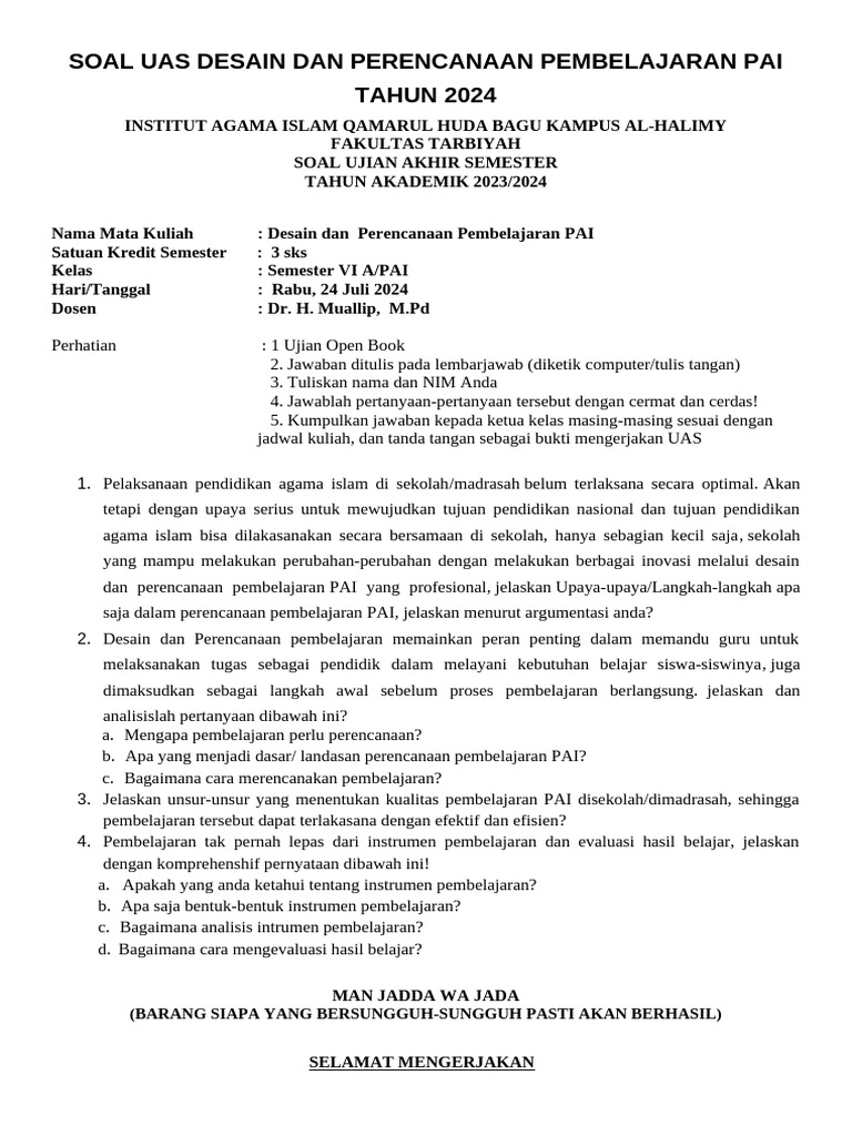 Soal Uas Desain Dan Perencanaan Pembelajaran Pai | PDF