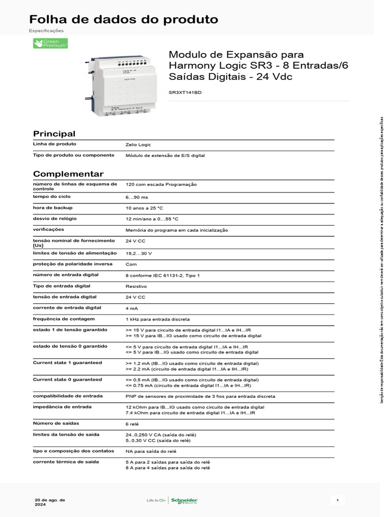 Schneider Electric - Relé-Programável-Zelio-Logic - SR3XT141BD | PDF