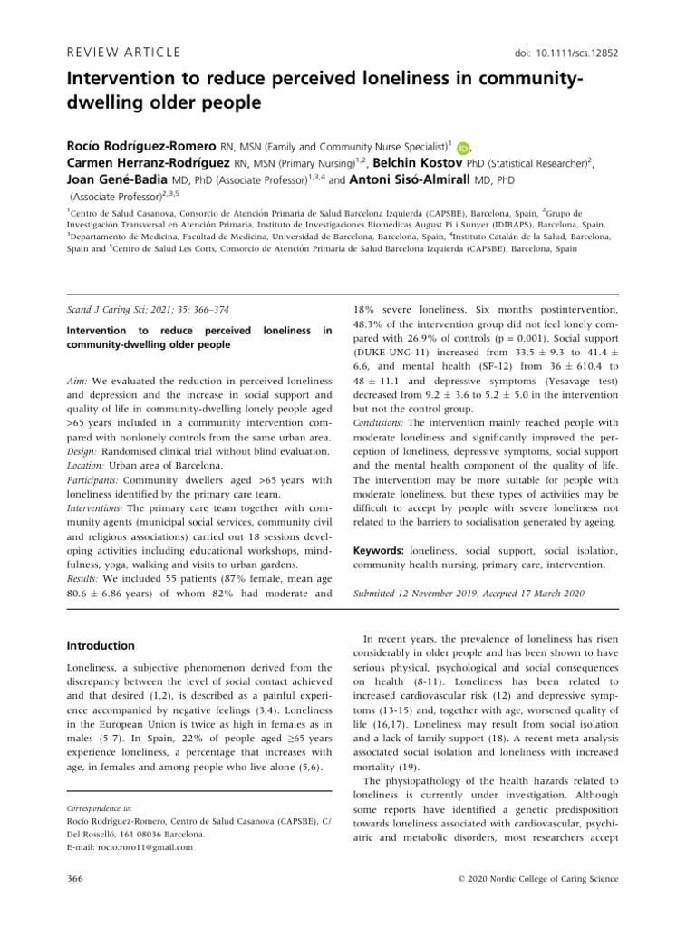 REVIEW ARTICLE Intervention To Reduce Perceived Loneliness in Community ...