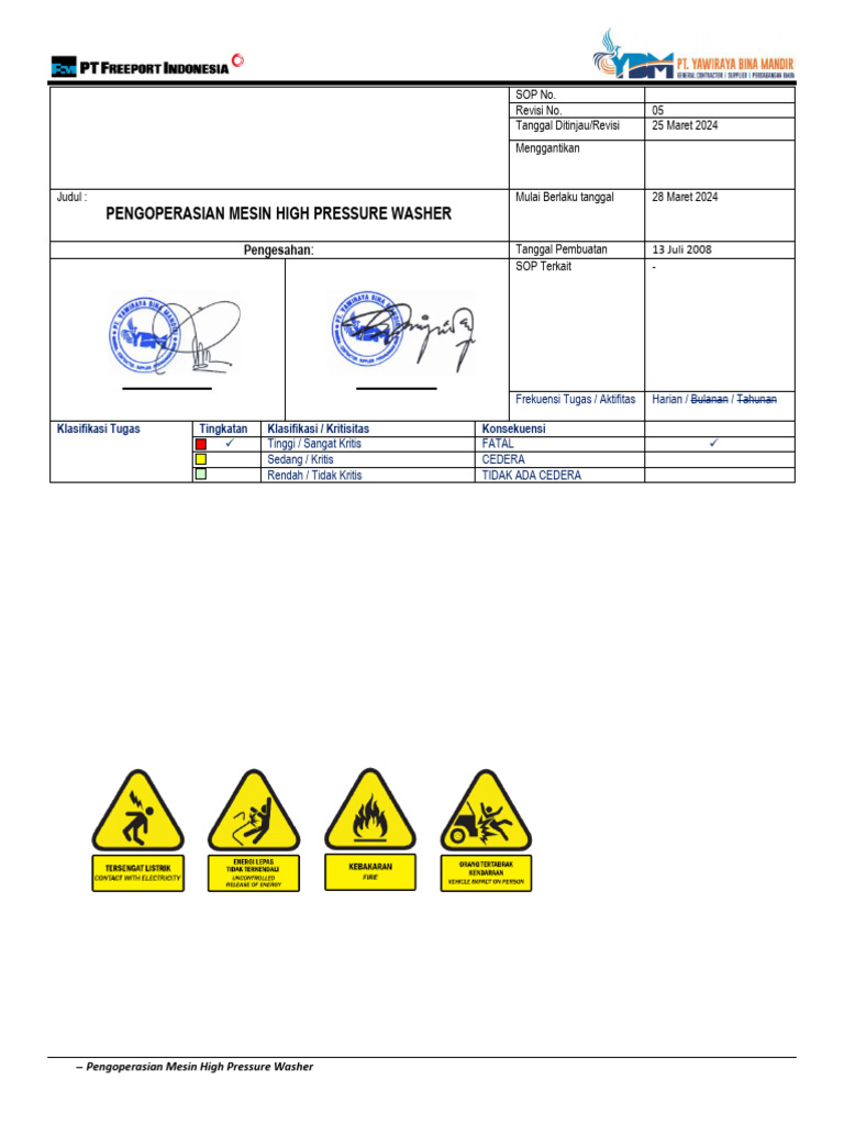 SOP-4.04.30-YBM-021 PENGOPERASIAN MESIN HIGH PRESSURE WASHER Rev.05 | PDF