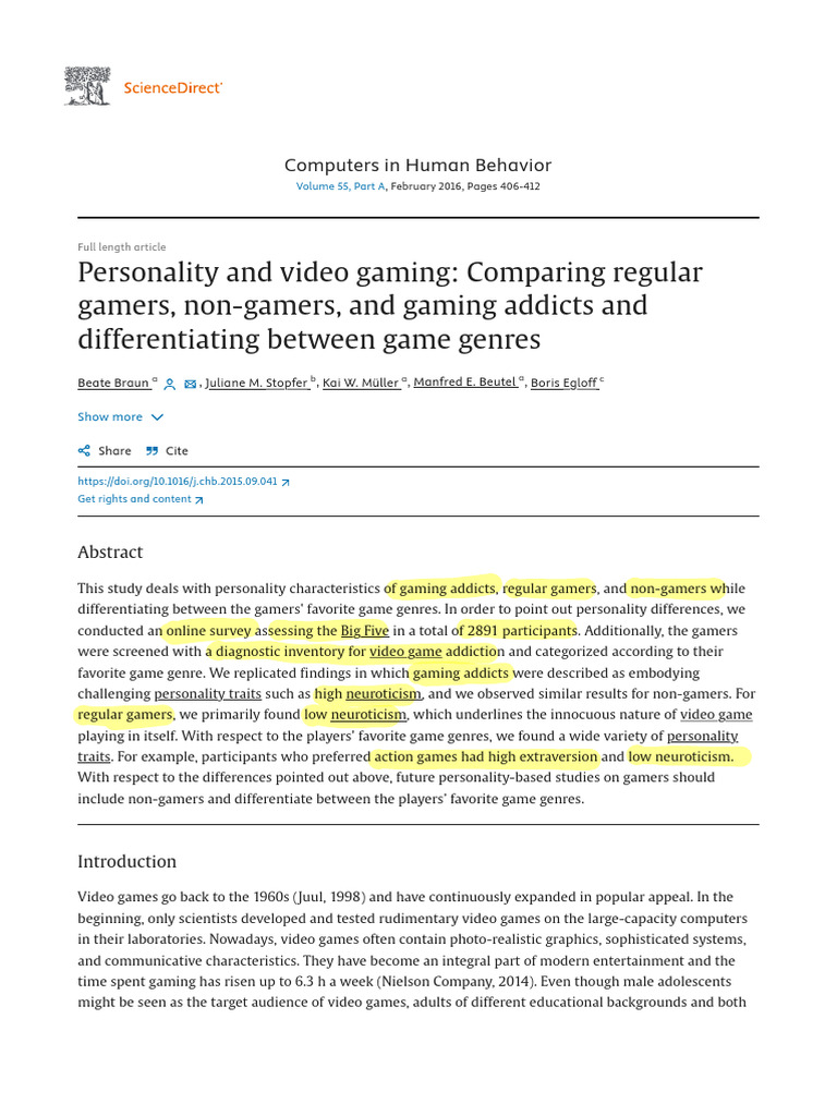 Personality and Video Gaming - Comparing Regular Gamers, Non-Gamers ...