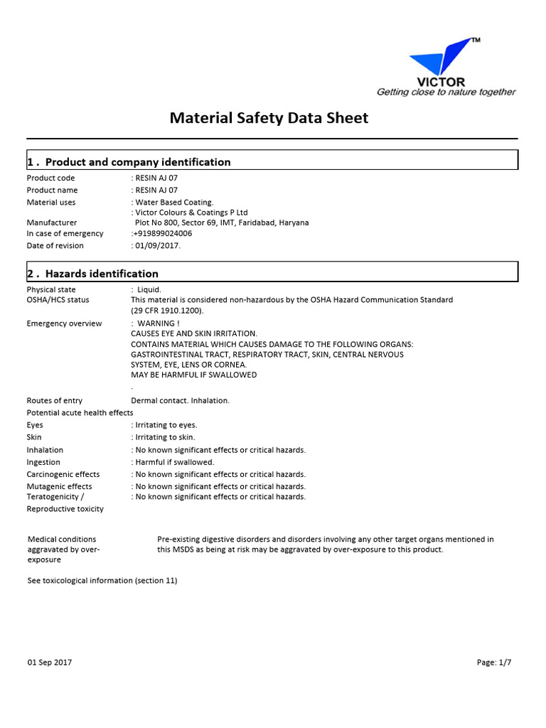 Aj 07 Barrier Coating MSDS | PDF | Waste | Wellness