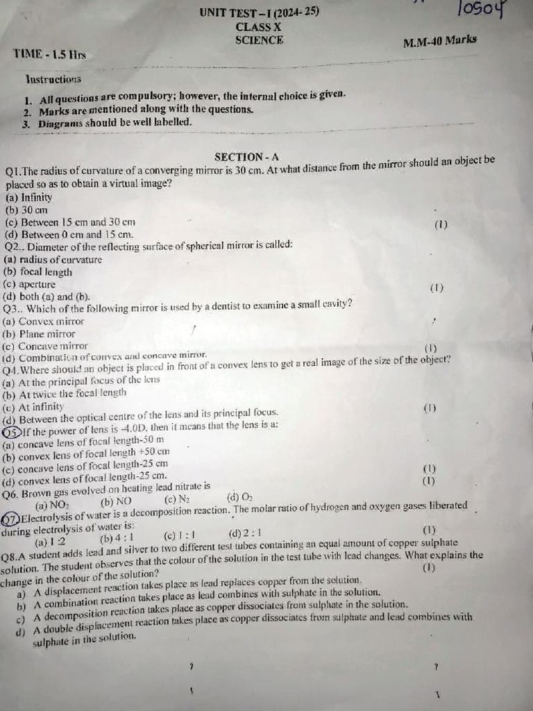 Science Paper - Class 9 | PDF | Chemistry