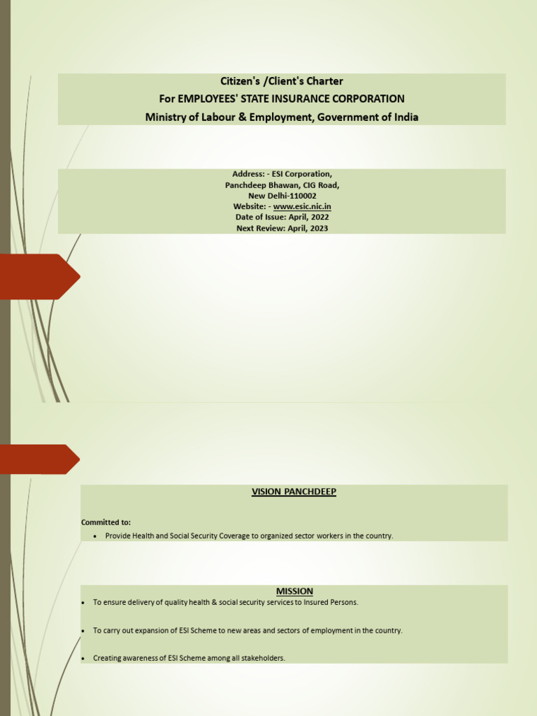 Citizen's /client's Charter For Employees' State Insurance Corporation Ministry of Labour ...