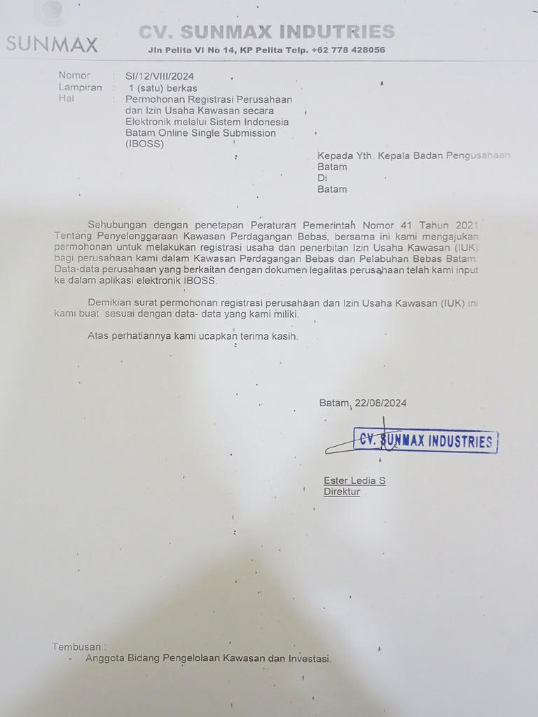 Surat Permohonan Perusahaan Sunmax | PDF