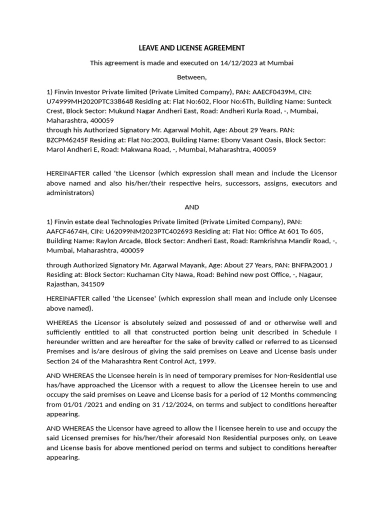 LEAVE AND LICENSE AGREEMENT | PDF