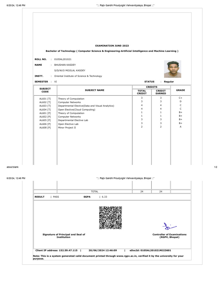 Rajiv Gandhi Proudyogiki Vishwavidyalaya, Bhopal - 6th | PDF