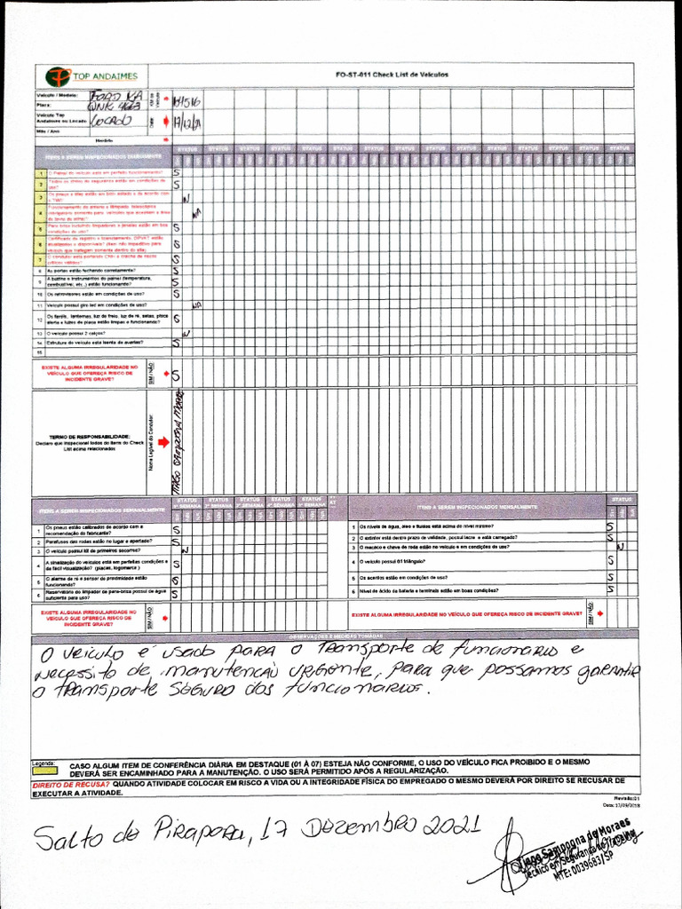 Check List Inspeção Veículo Ford Ka Branco Placa QNK 4663 | PDF