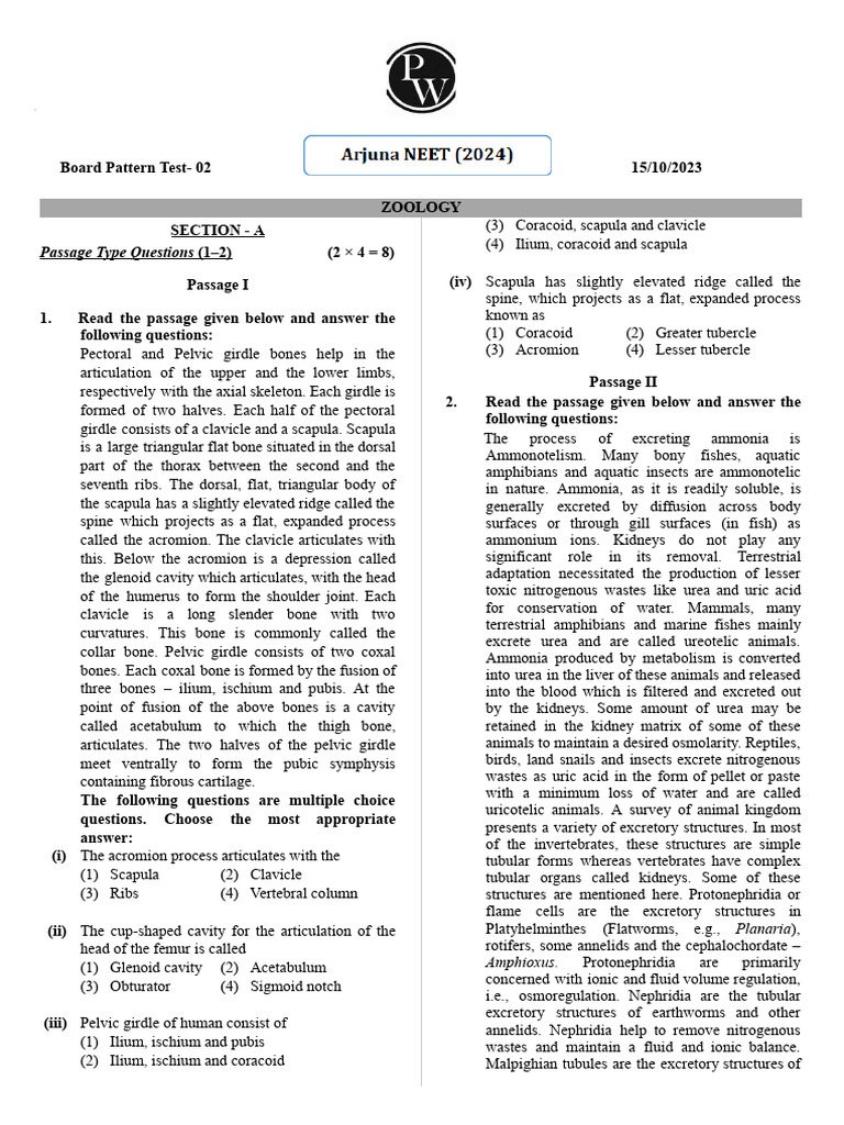 Board Pattern - 02 - Zoology Test Paper - Arjuna NEET 2024 | PDF