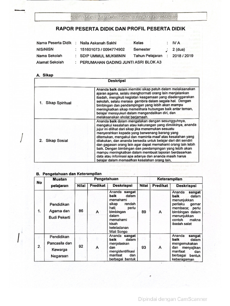 Rapot Kelas 4 Semester 2 | PDF