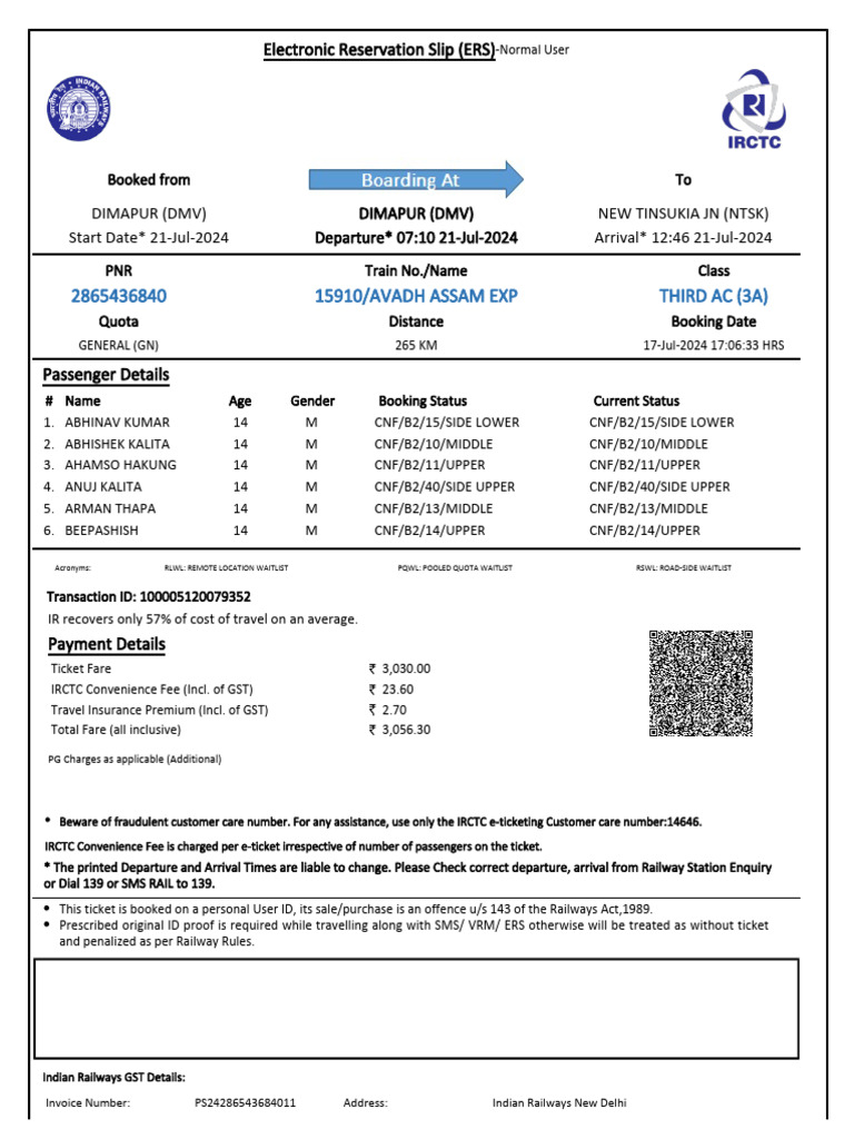 15910/avadh Assam Exp Third Ac (3A) | PDF