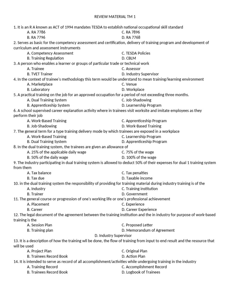 REVIEW MATERIAL Revised | PDF | Apprenticeship