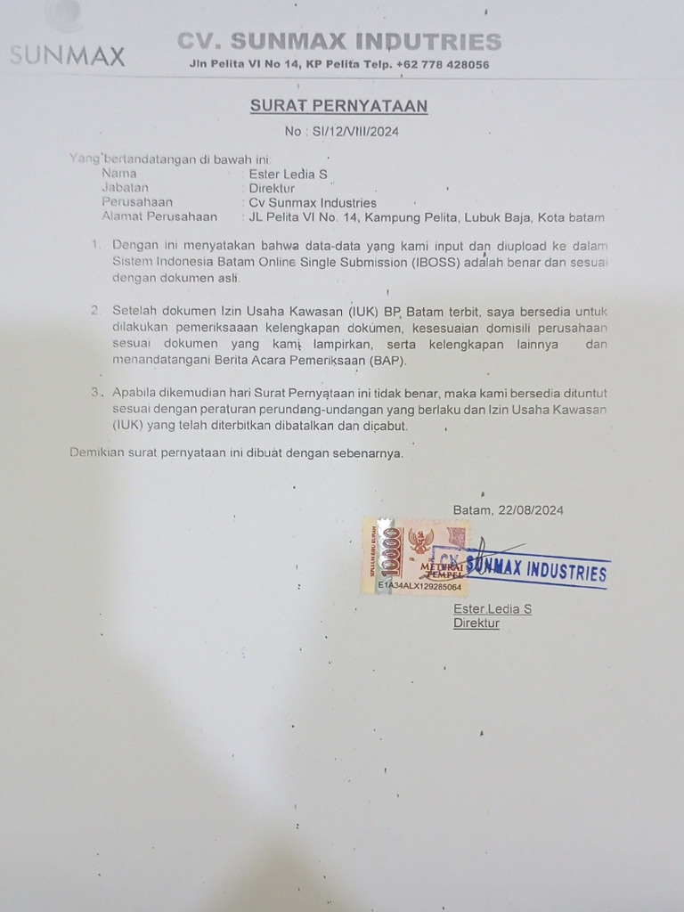 Surat Pernyataan Sunmax | PDF