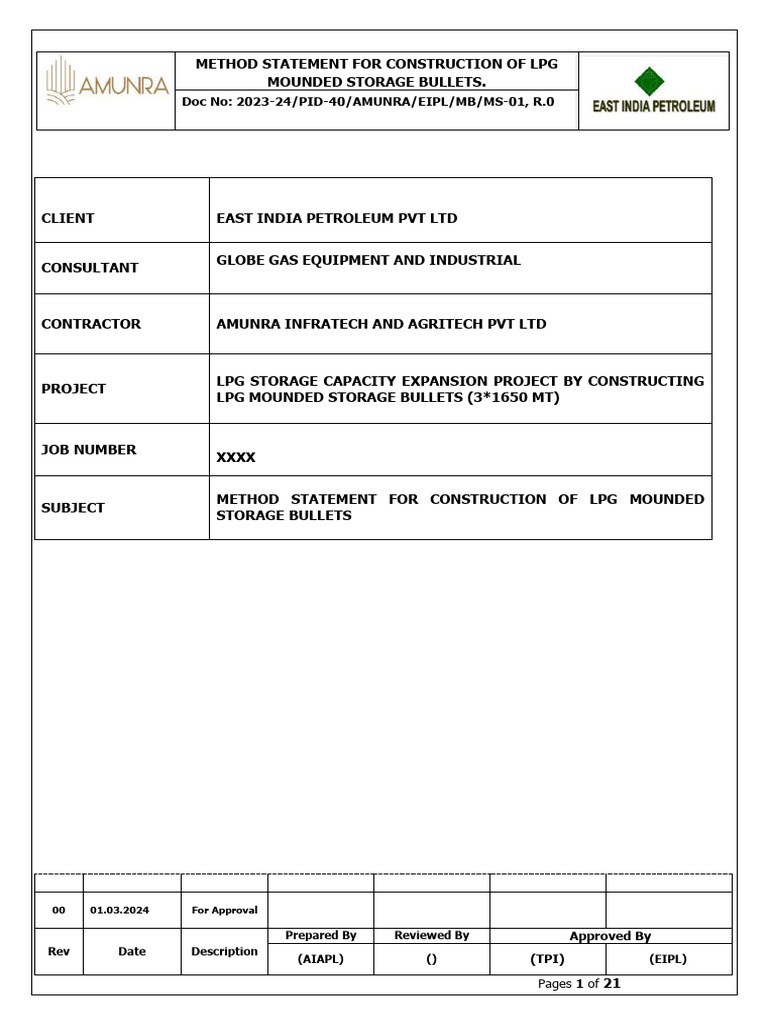 METHOD STATEMENT FOR CONSTRUCTION OF LPG MOUNDED STORAGE BULLETS | PDF