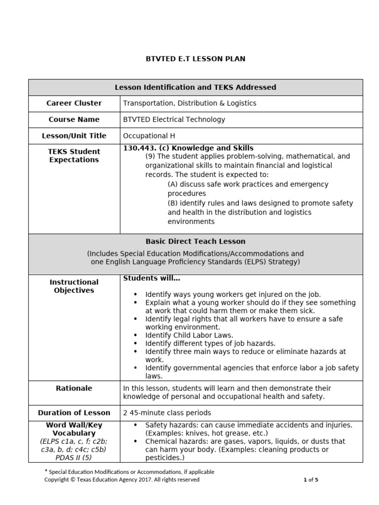 Lesson Plan Personal & Occupational Safety | PDF | Hazards | Career ...